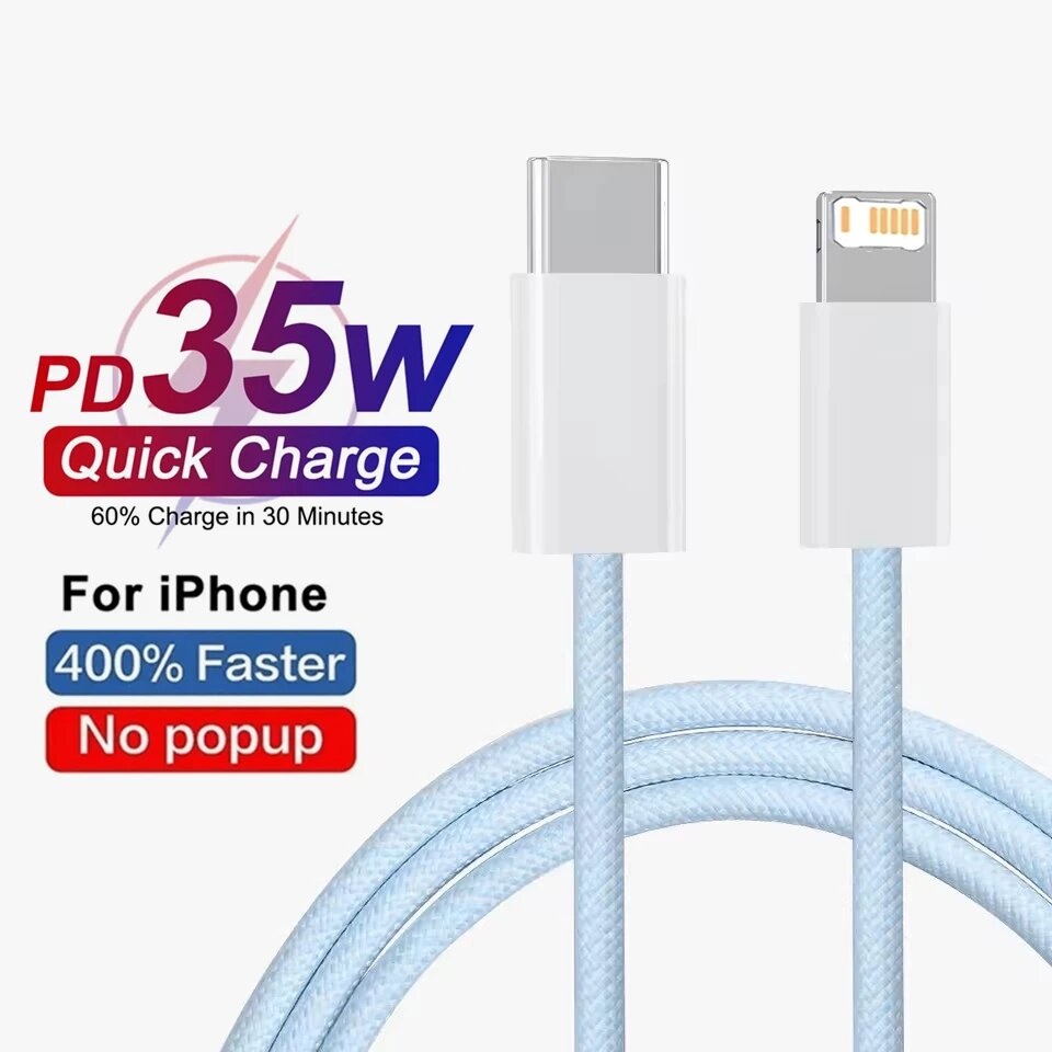Кабель USB-C Для Быстрой Зарядки 35W PD Для iPhone 14 Plus, 13, 12 Mini, 11 Pro Max, Белый, 2m, Blue