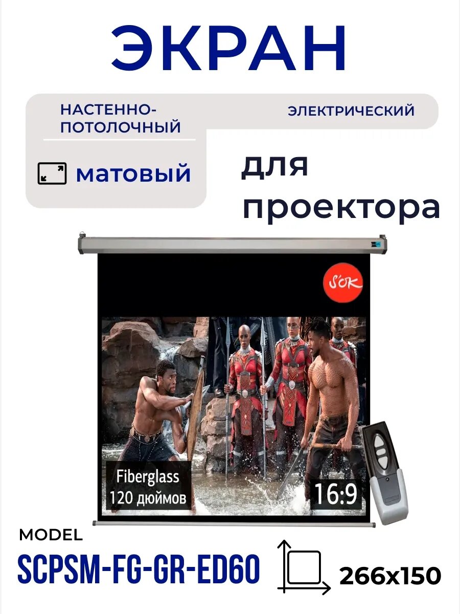 Экран для проектора S'OK SCPSM-266x150FG-GR-ED60 Pro 120 настенно-потолочный, моторизованный, Fiberglass, серый