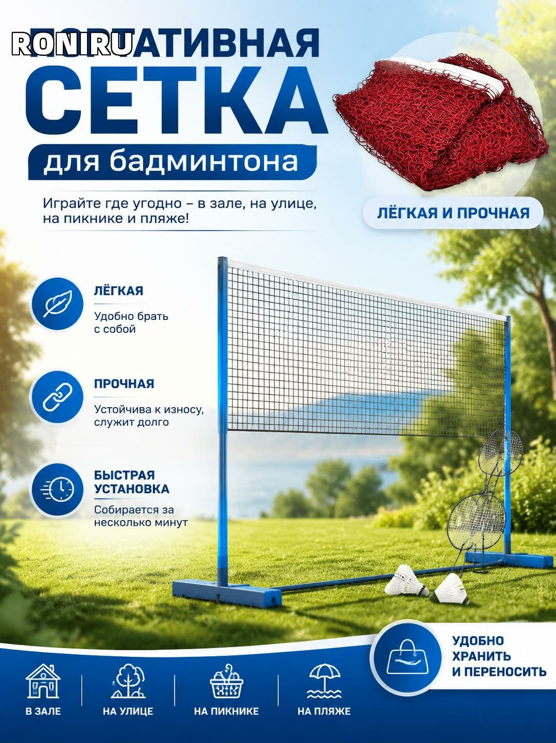 Портативная сетка для бадминтона с креплением — лёгкая и прочная для игры на улице, в зале, на пикнике и пляже