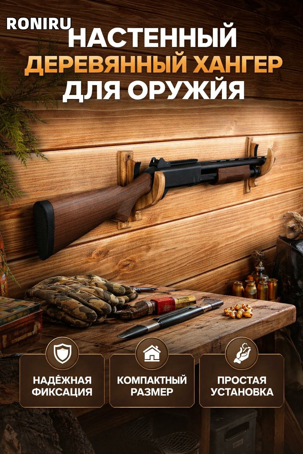 Настенный деревянный хангер для ружей — компактная оружейная вешалка для винтовок и луков в гараж, шкаф или дом