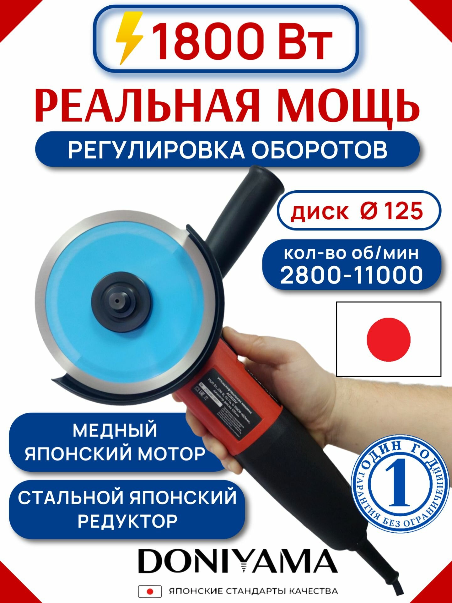 Болгарка DONIYAMA 125 с регулировкой оборотов 1800 Вт усиленный стальной редуктор