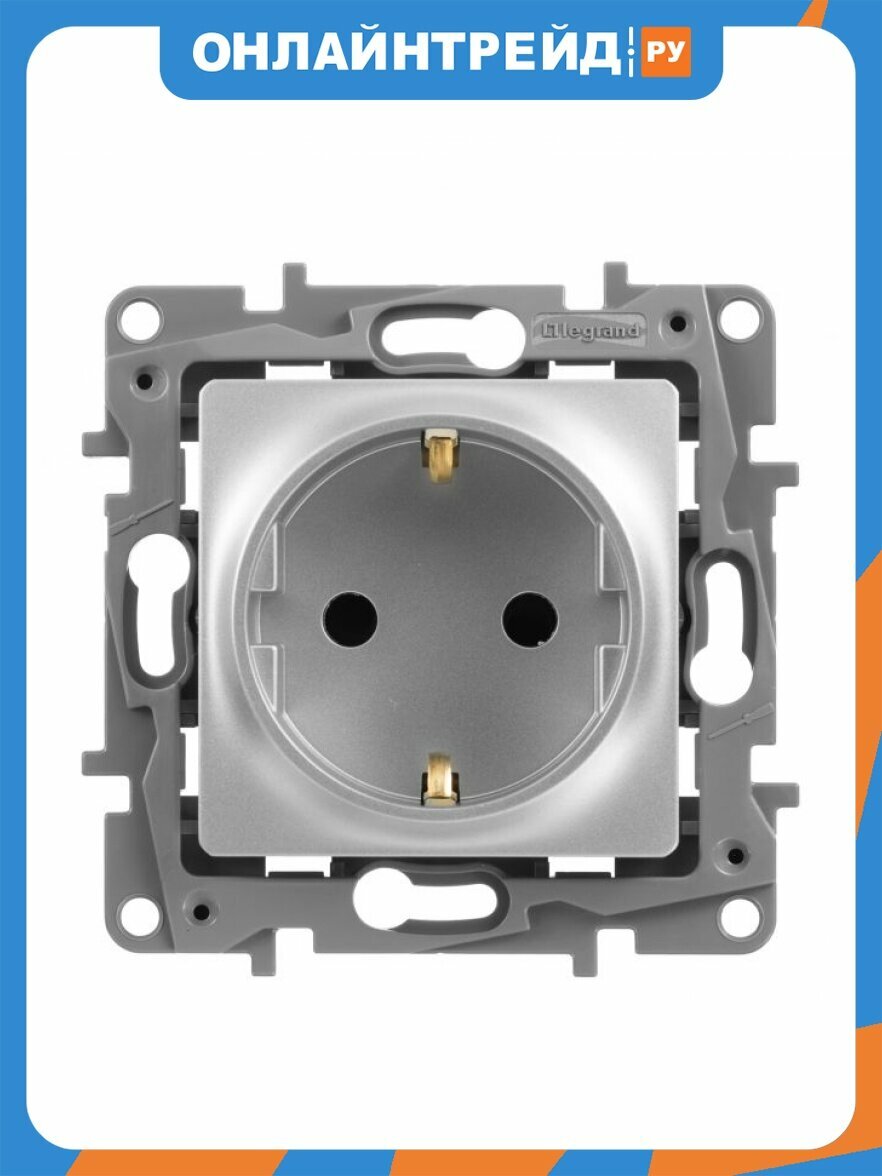 Розетка Legrand Etika 2К+З со шторками, немецкий стандарт, винтовые зажимы, 16 А, 250 В, алюминий, 672422