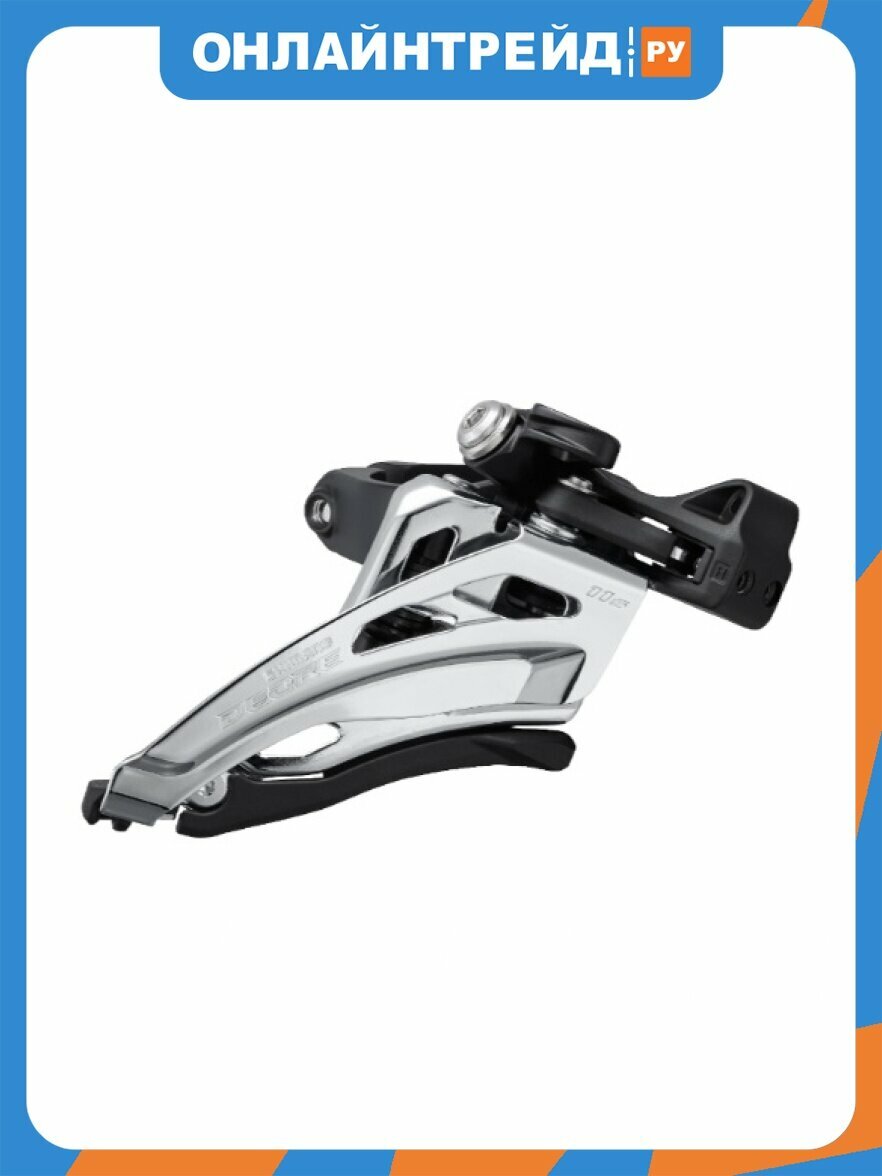 Переключатель передний Shimano Deore, M5100, 2x11 скоростей, верхняя тяга, 36T, средний хомут 34.9мм, угол наклона 66-69°, черно-серебристый, без упаковки
