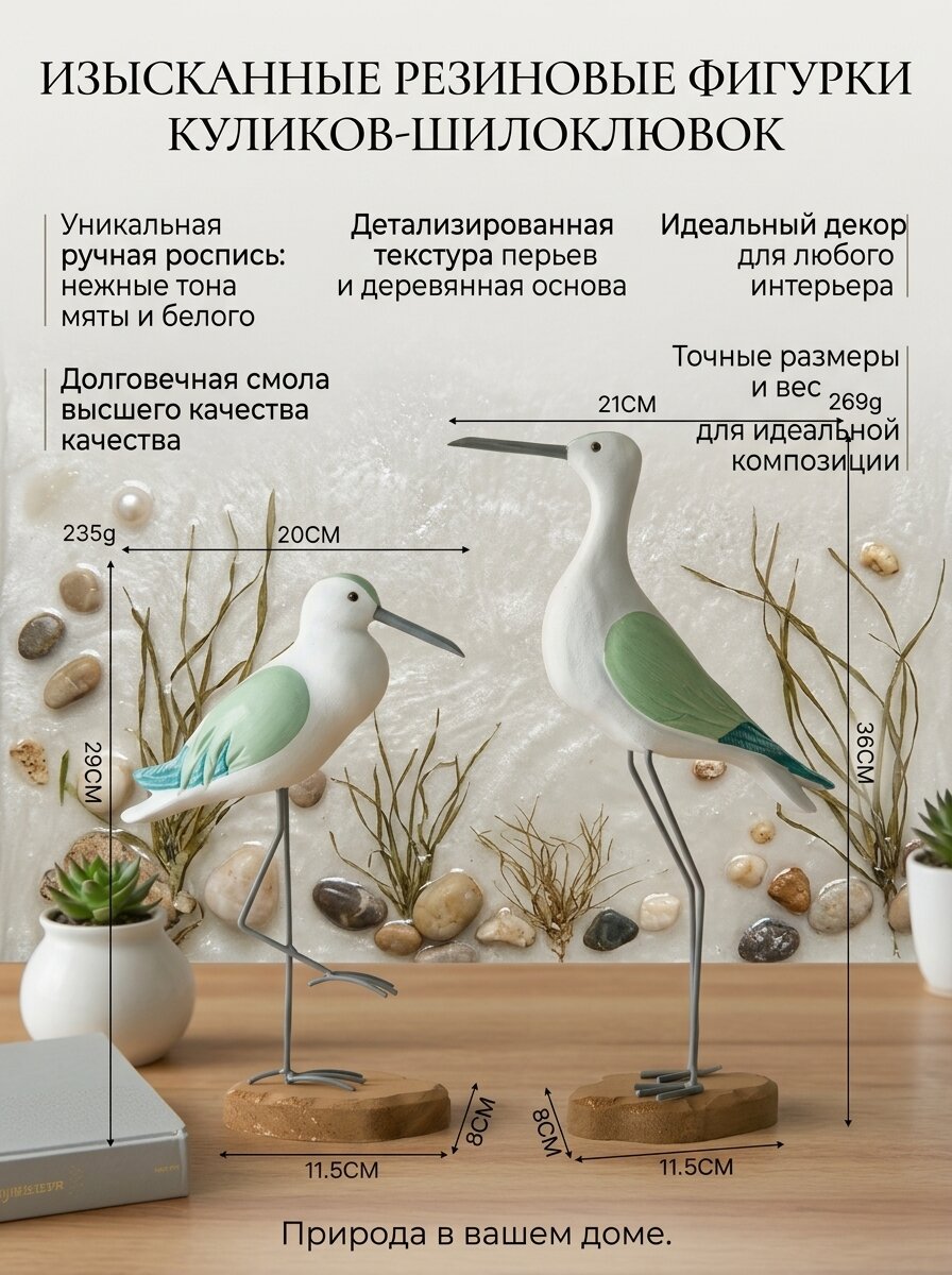 2шт Натуральные деревянные статуэтки чайки, Морская прибрежная статуя птицы, Домашний декор, 36 см