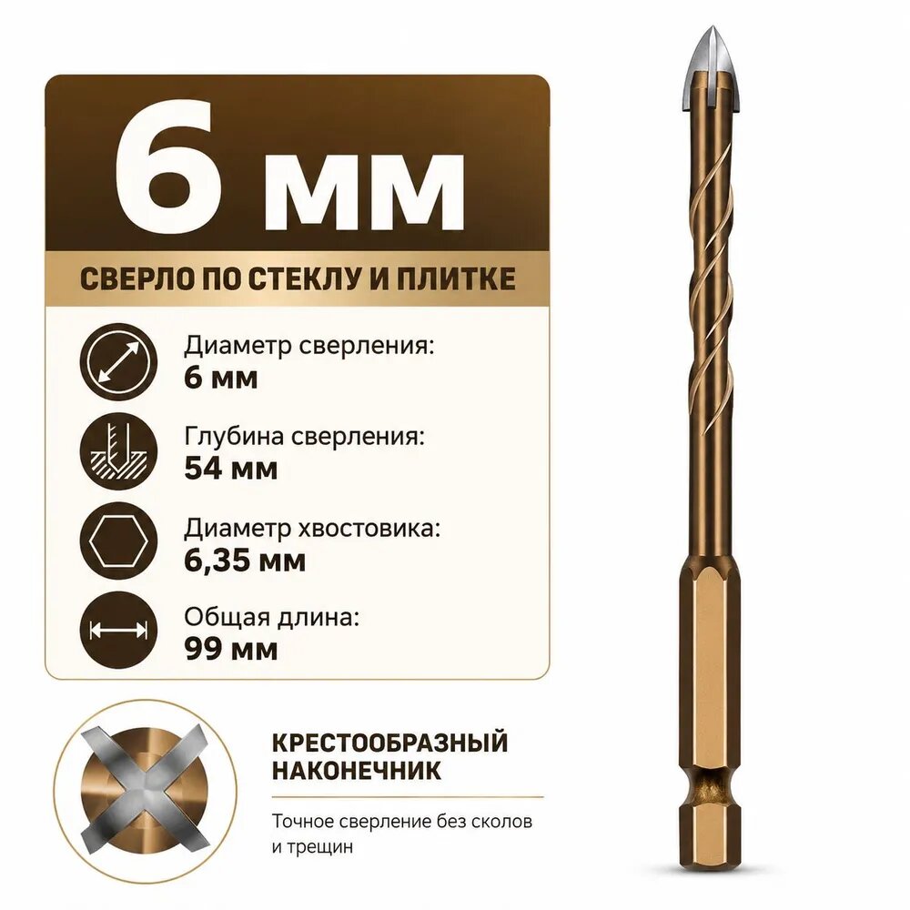 Буры для кафеля, стекла, керамики, бетона - Cross Hex, диаметры 3-12 мм, сплав, 1/4" хвостовик