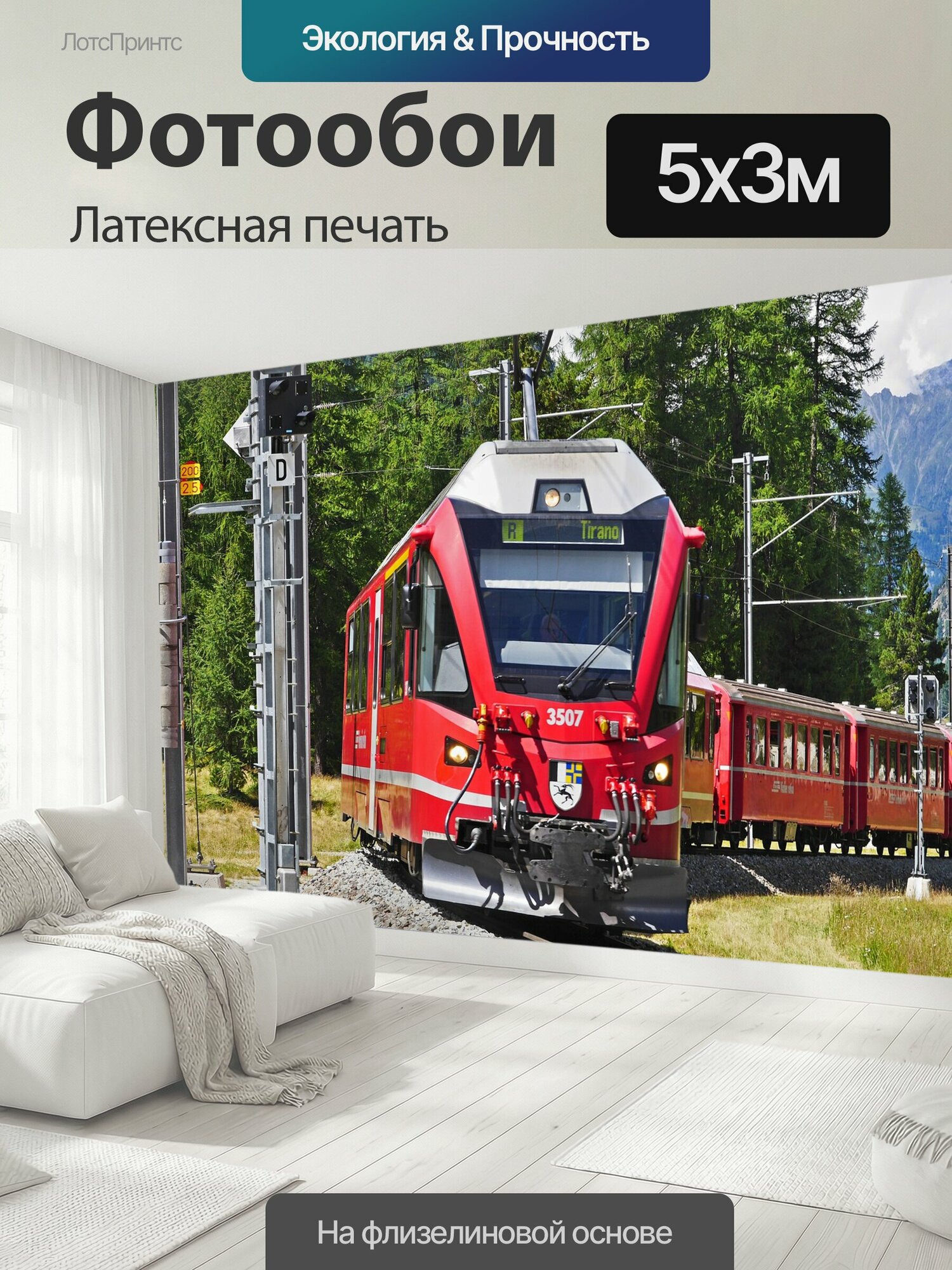 Фотообои моющиеся ударопрочные "Bernina железная дорога, в гору, подача" 500x300 см. латексная печать