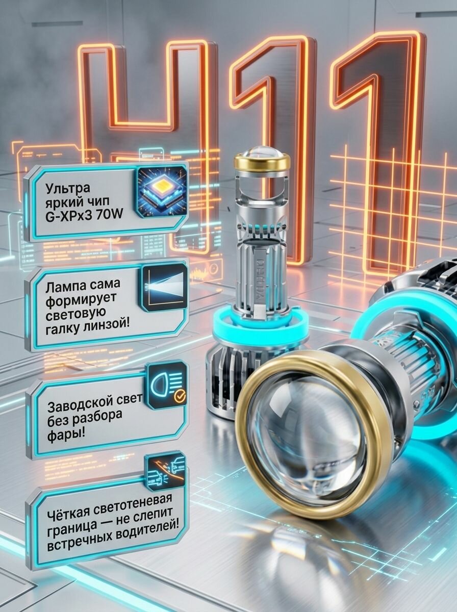 Светодиодные мини линзы Vizant Y9 цоколь H11 с чипом G-XPx3 6000lm 5000k без разбора фар