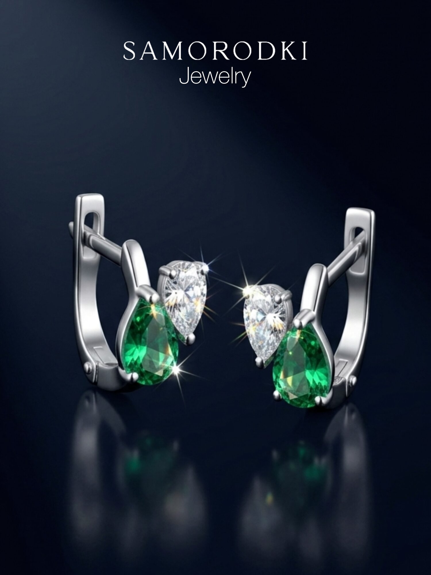 Серьги SamoroDki Jewelry, серебро, 925 проба, родирование, изумруд синтетический, фианит, изумруд, размер 11 мм, длина 1.1 см, , зеленый/бесцветный — фото 1
