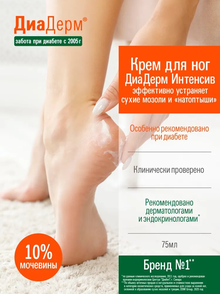 ДиаДерм Крем для ног Интенсив с мочевиной 10% от сухих мозолей и натоптышей, 75 мл