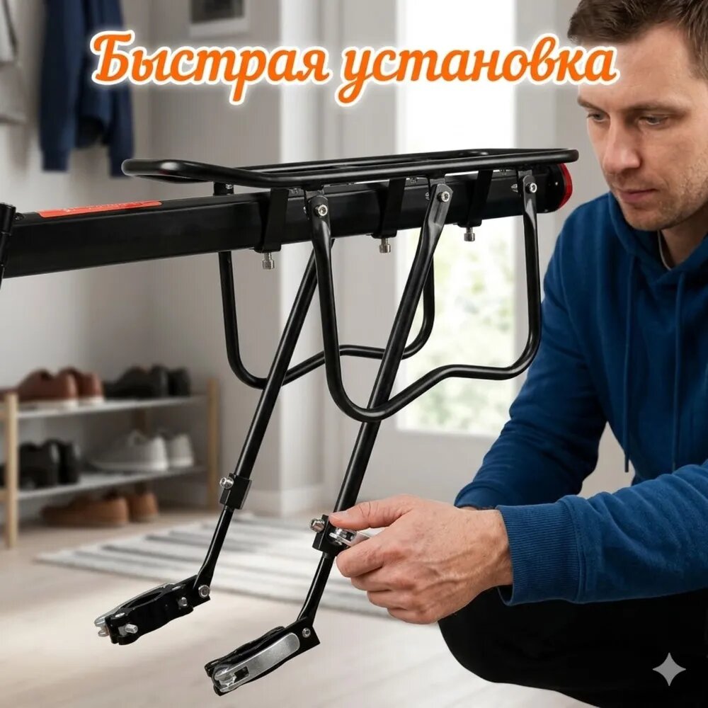 Багажник для велосипеда задний, алюминиевый быстросъемный усиленный, до 80 кг со светоотражателем и жгутом