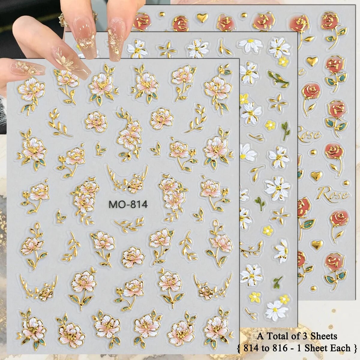 5D Золотые наклейки для ногтей, Set AA - 3 Sheets