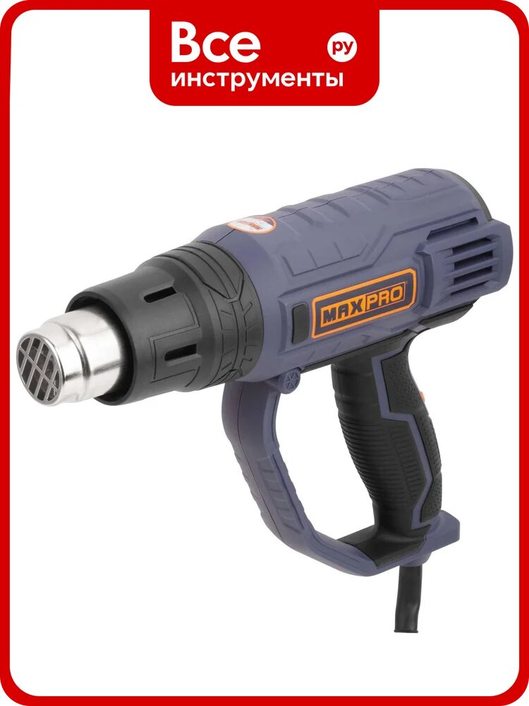 Фен технический MAX-PRO 2000 Вт, 60/350/600C, 500 л/мин, 0,76 кг, резиновый кабель, резиновые вставки, кор. 85252
