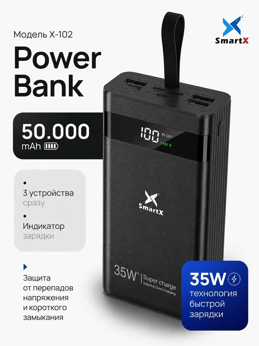 Повербанк 50000mah, мощный внешний аккумулятор SmartX с проводами, для телефона, для айфона, для андроид, с быстрой зарядкой