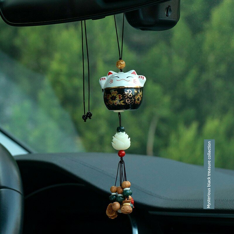 Керамический кот-счастливчик для авто, подвеска с многоцветными бусами, черный цвет для декора автомобиля