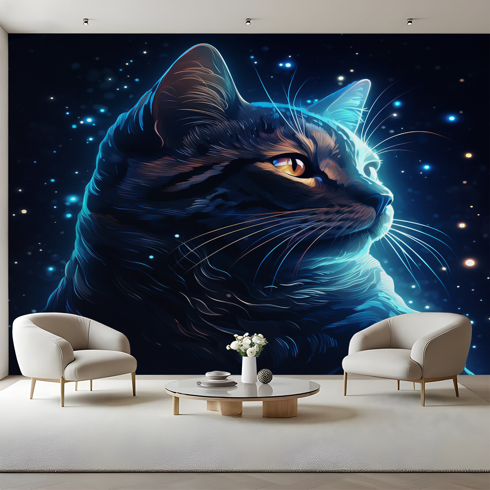 Кот Фреска на холсте для гостиной 194х136CM, Звездное Небо Животное самоклеящаяся, HD печать, водонепроницаемый