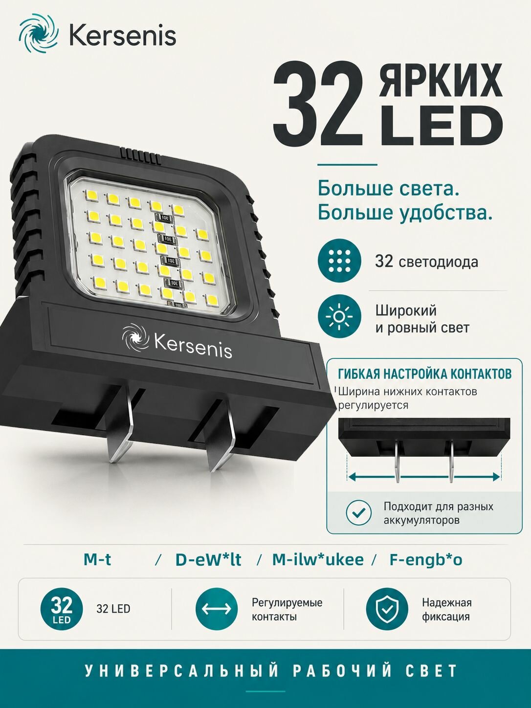 Kersenis универсальная LED-рабочая лампа для аккумуляторов 20-21В, широкая засветка, освещение на стройплощадках строительный свет 20В 21В