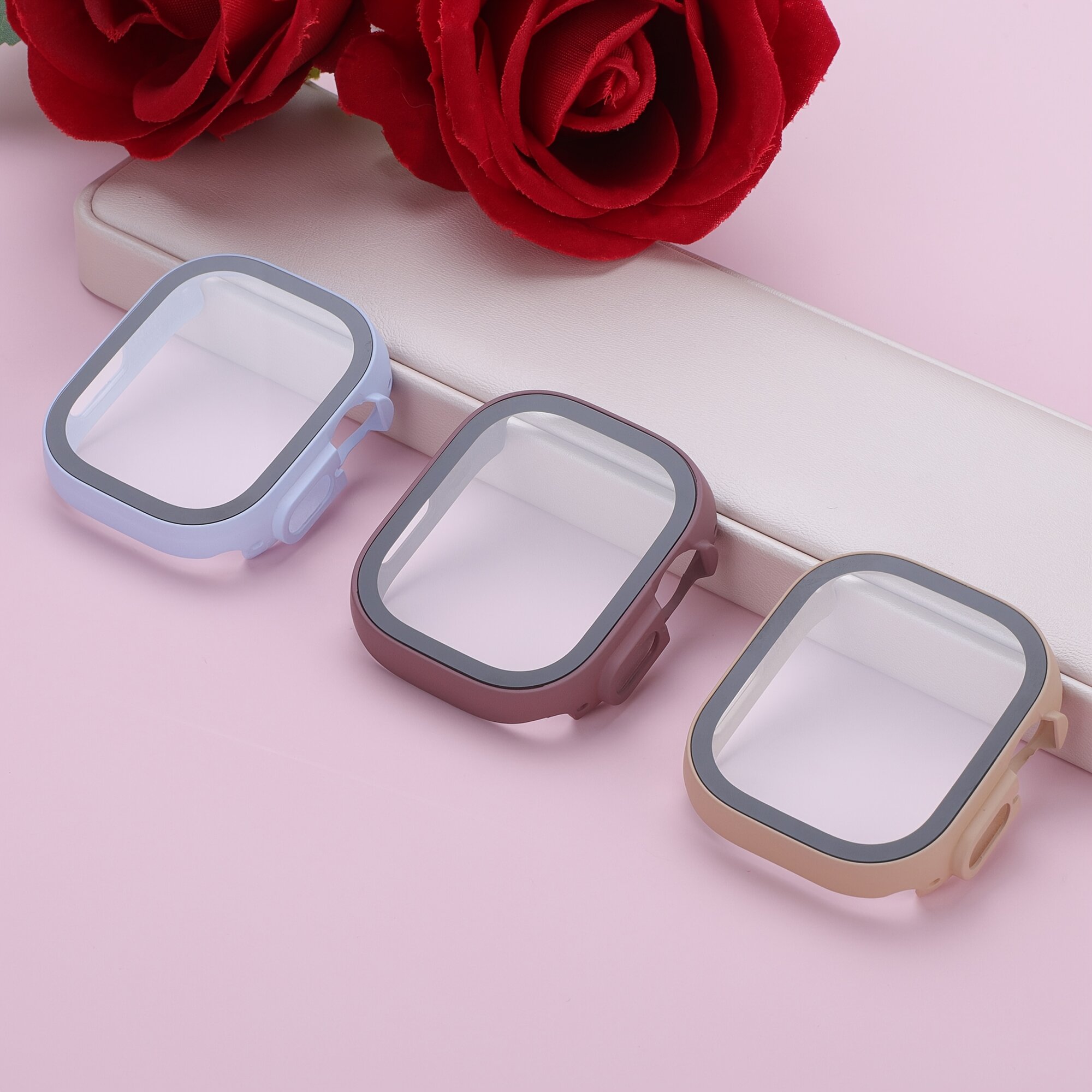 Набор из 3 матовых чехлов для Apple Watch Ultra 49 мм (серии 1/2/3) из твердого PC + HD защитное стекло, цвета: небесно-голубой, дымчато-фиолетовый, молочный чай
