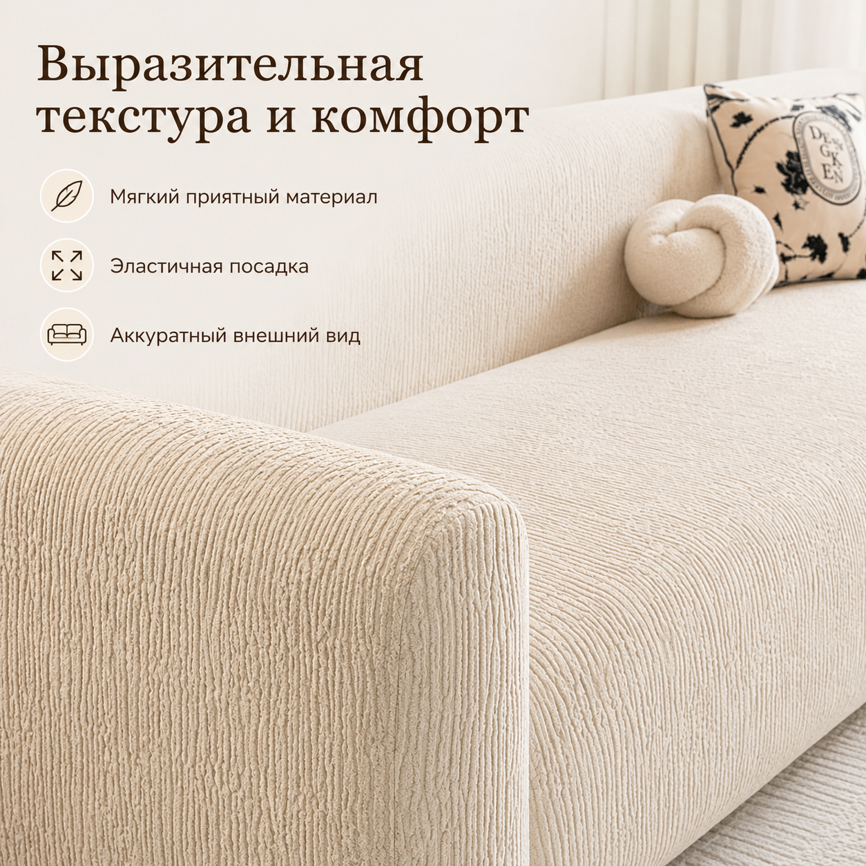 Эластичный чехол на диван с вертикальной рельефной фактурой, молочный универсальный чехол для мягкой мебели