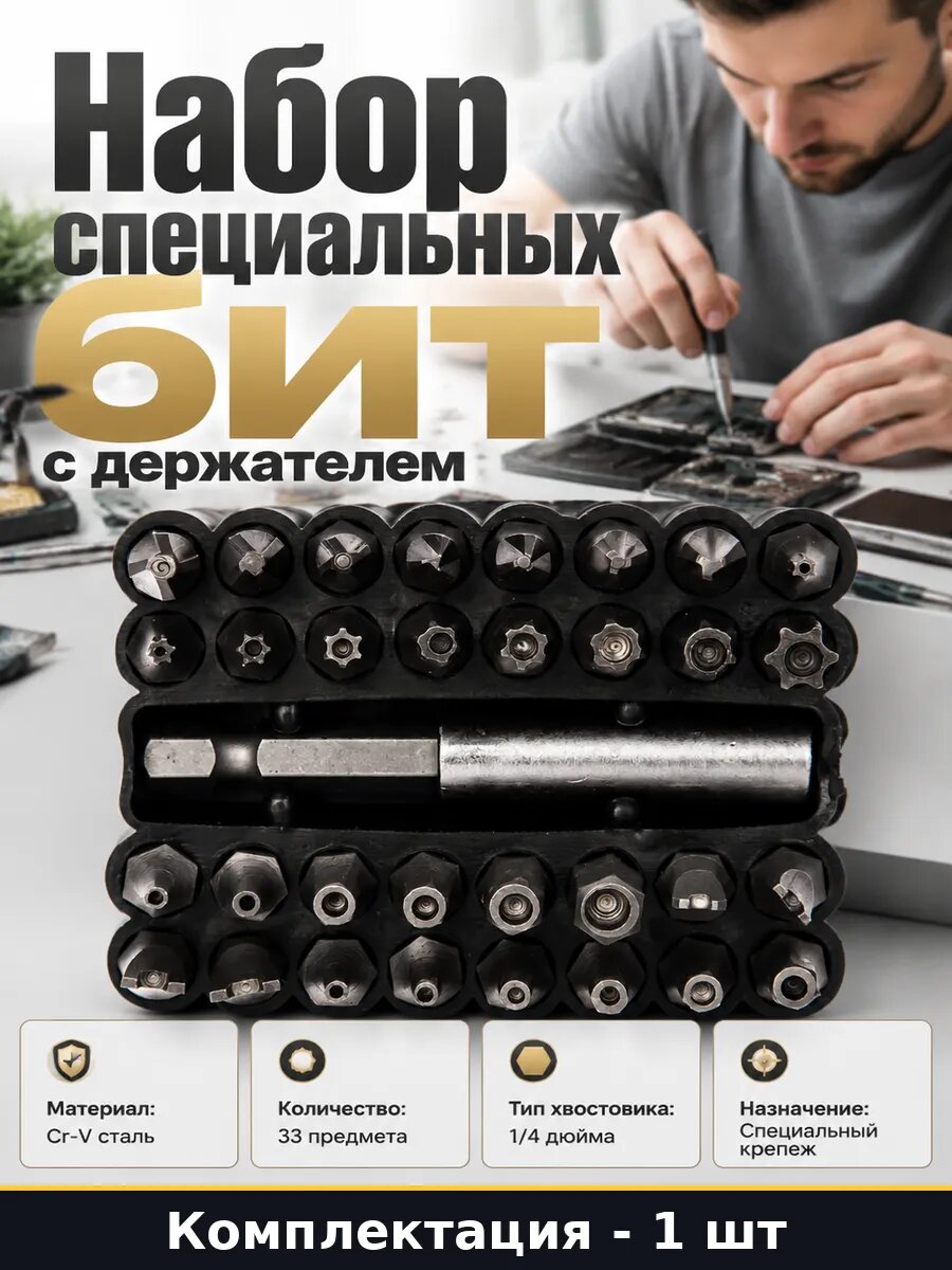 Комплект бит для спецкрепежа 33 предмета 25 мм с держателем
