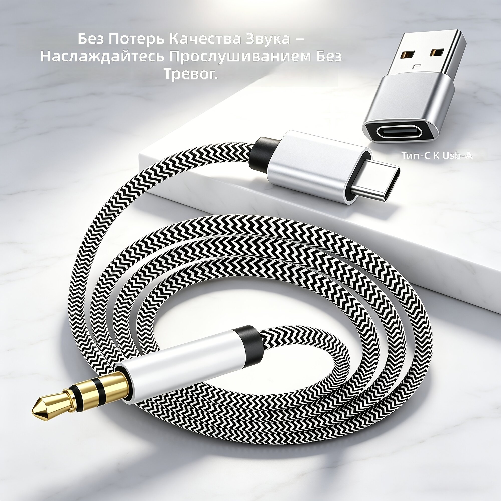 2-в-1 Lightning на 3.5 мм аудиокабель с адаптером Type-C на USB-A, плетеный Hi-Fi кабель, черно-белый, для iPhone 15/16/17, iPad и Android