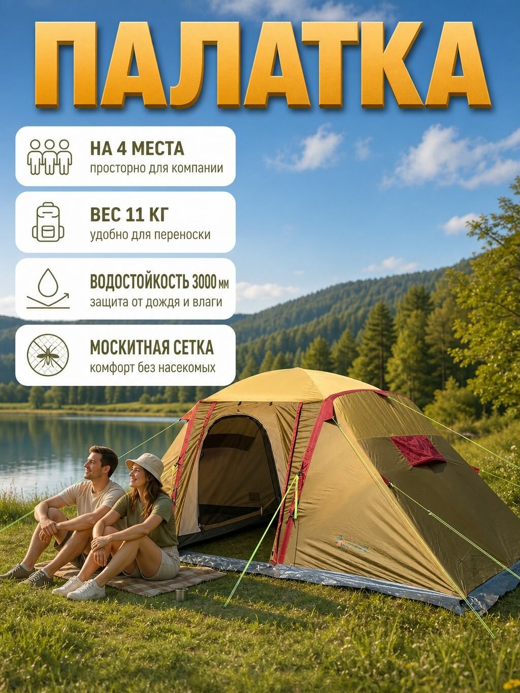 Палатка кемпинговая MIR1851-4, 4 места, 470х240х175 см, водостойкость 3000 мм