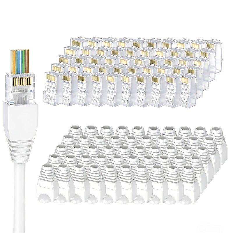 RJ45 проходной разъем 8P8C с защитой от натяжения, Cat5E/Cat6, 1000 Мбит/с, золотое покрытие, неэкранированный, для кабеля UTP 23-26 AWG, комплект 45 шт. (белый корпус + коннектор)