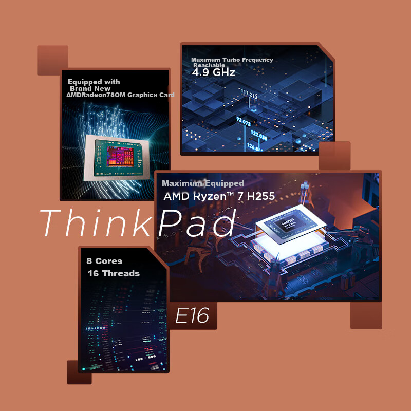 Lenovo ThinkPad E16 тонкий и легкий ноутбук с процессором Ryzen R7-H255 16 ГБ ОЗУ 512 ГБ SSD черный офисный ИИ-ПК