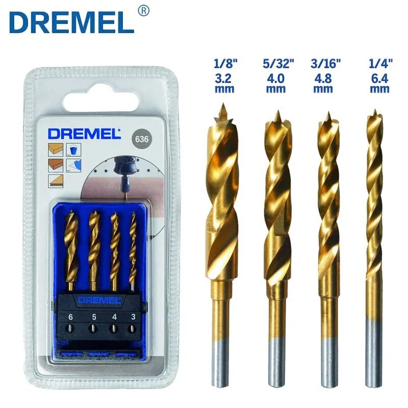 Набор сверл по дереву Dremel 636, 3-6 мм, 4 шт, HSS-TIN