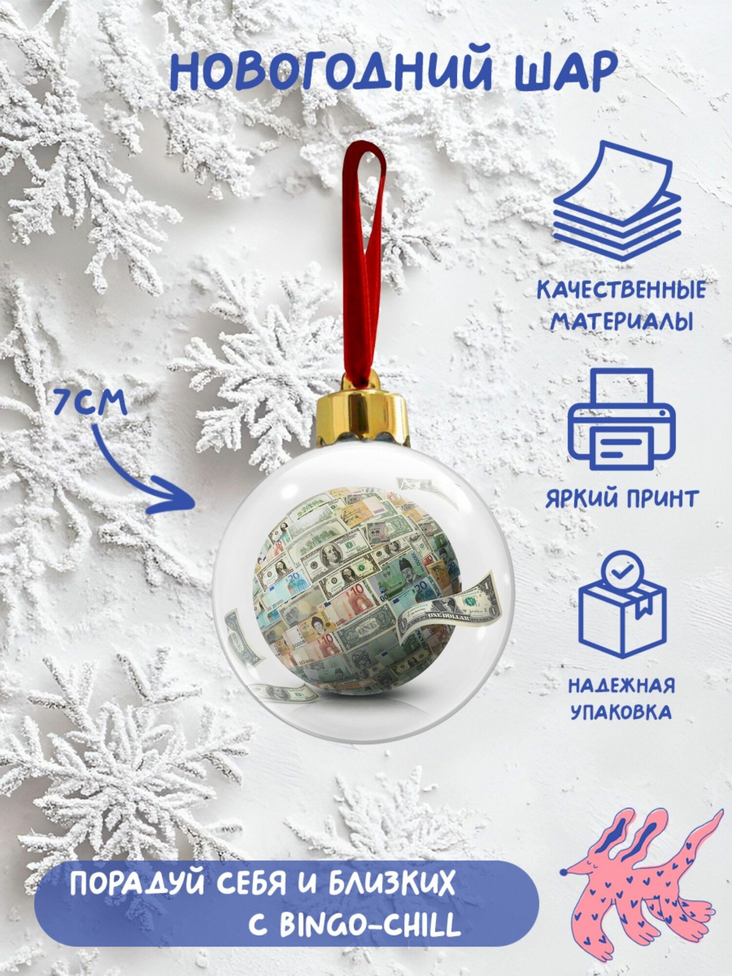 Елочный шар с полиграфической вставкой "Деньги мира"