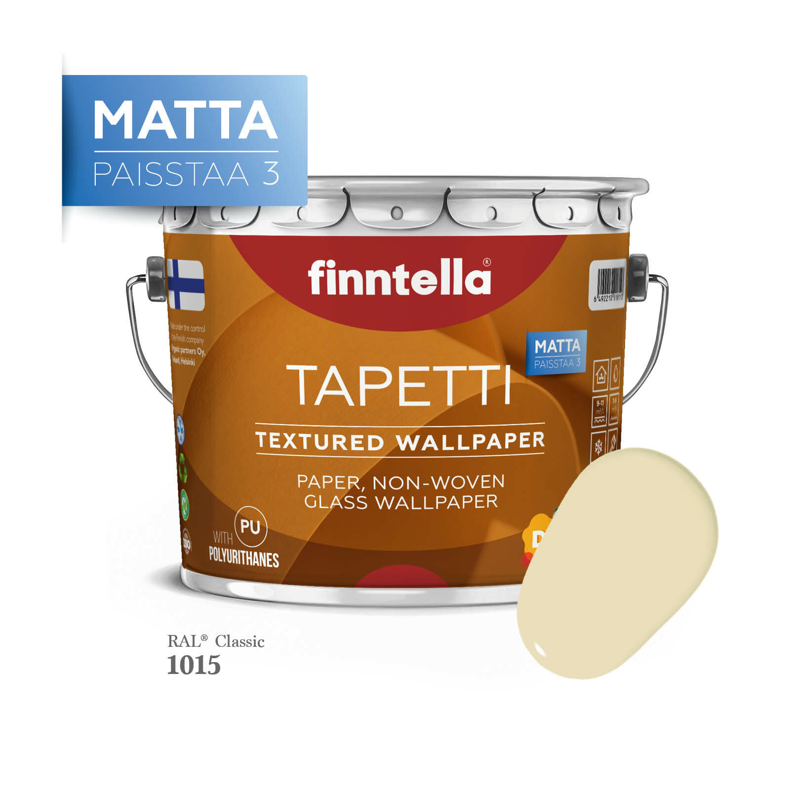 Матовая краска для обоев под окраску TAPETTI Matta FINNTELLA, Цвет RAL 1015 Светлая слоновая кость (Light ivory), 2,7л