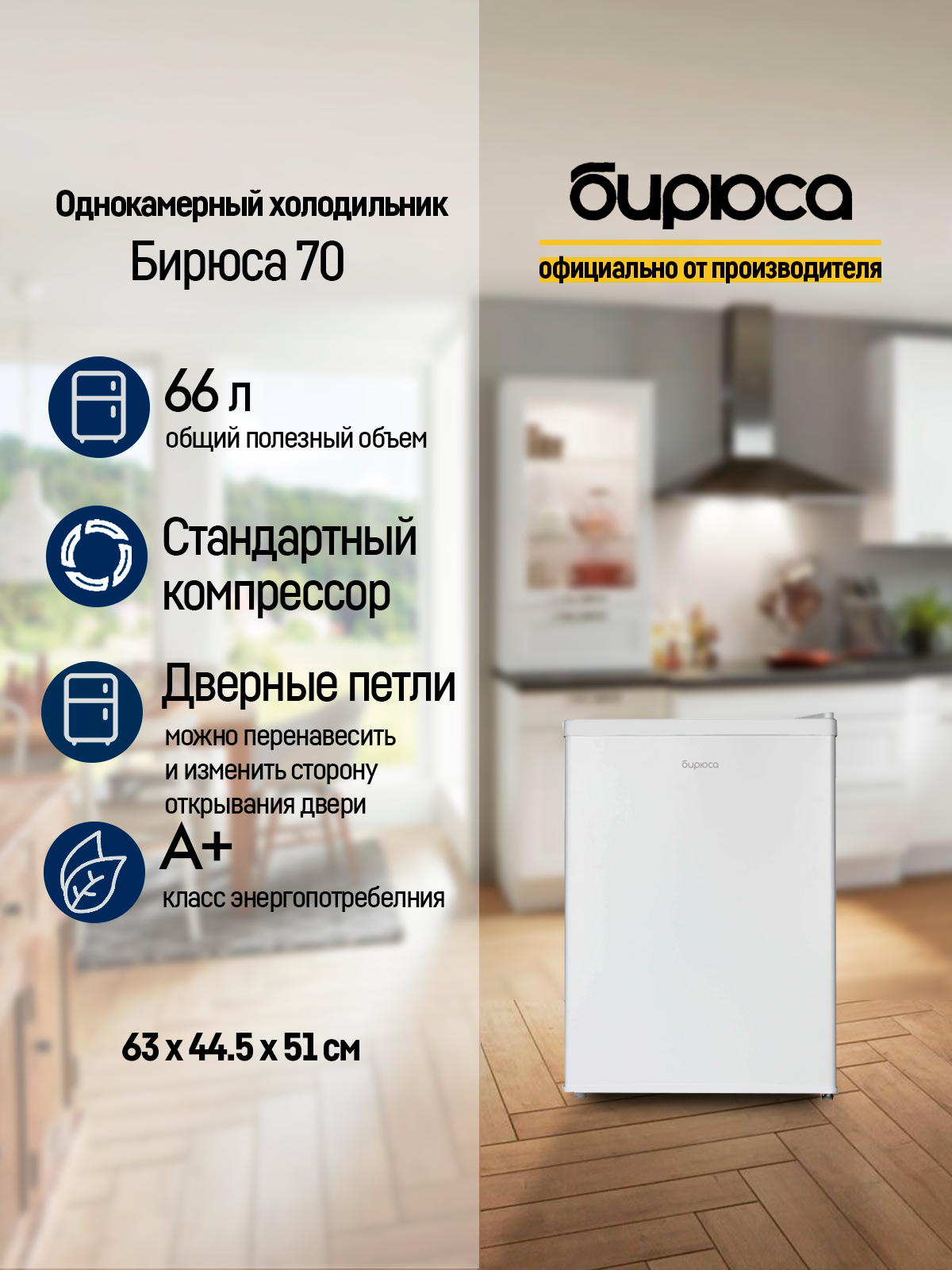 Холодильник БИРЮСА 70, с отделением для быстрого охлаждения напитков, 67 литров, однокамерный, белый