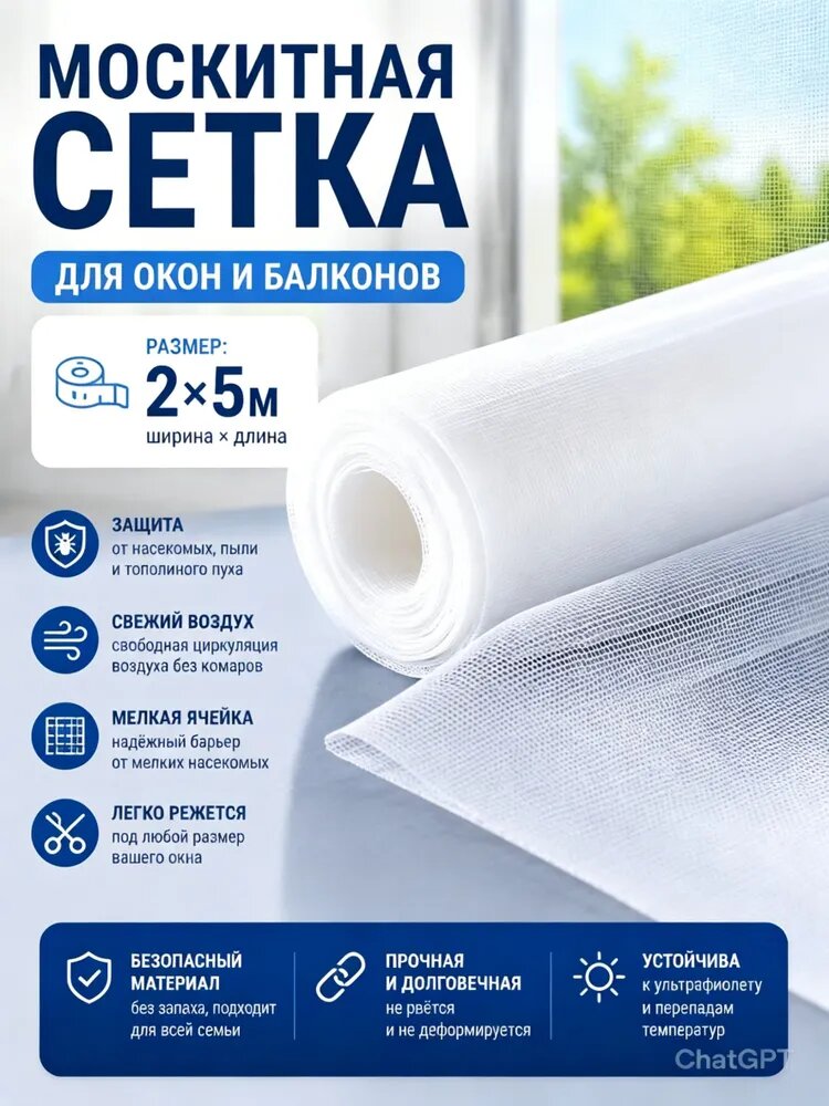 Москитная сетка на окно, 2x5m, противомоскитная сетка от комаров и мух, белая