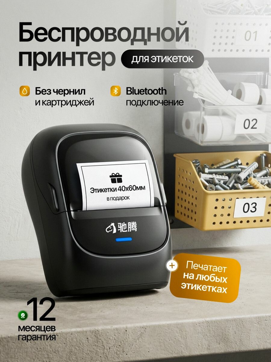 Принтер для этикеток беспроводной, Chiteng 221+ рулон этикеток 40х60 мм, портативный мини принтер для наклеек без чернил