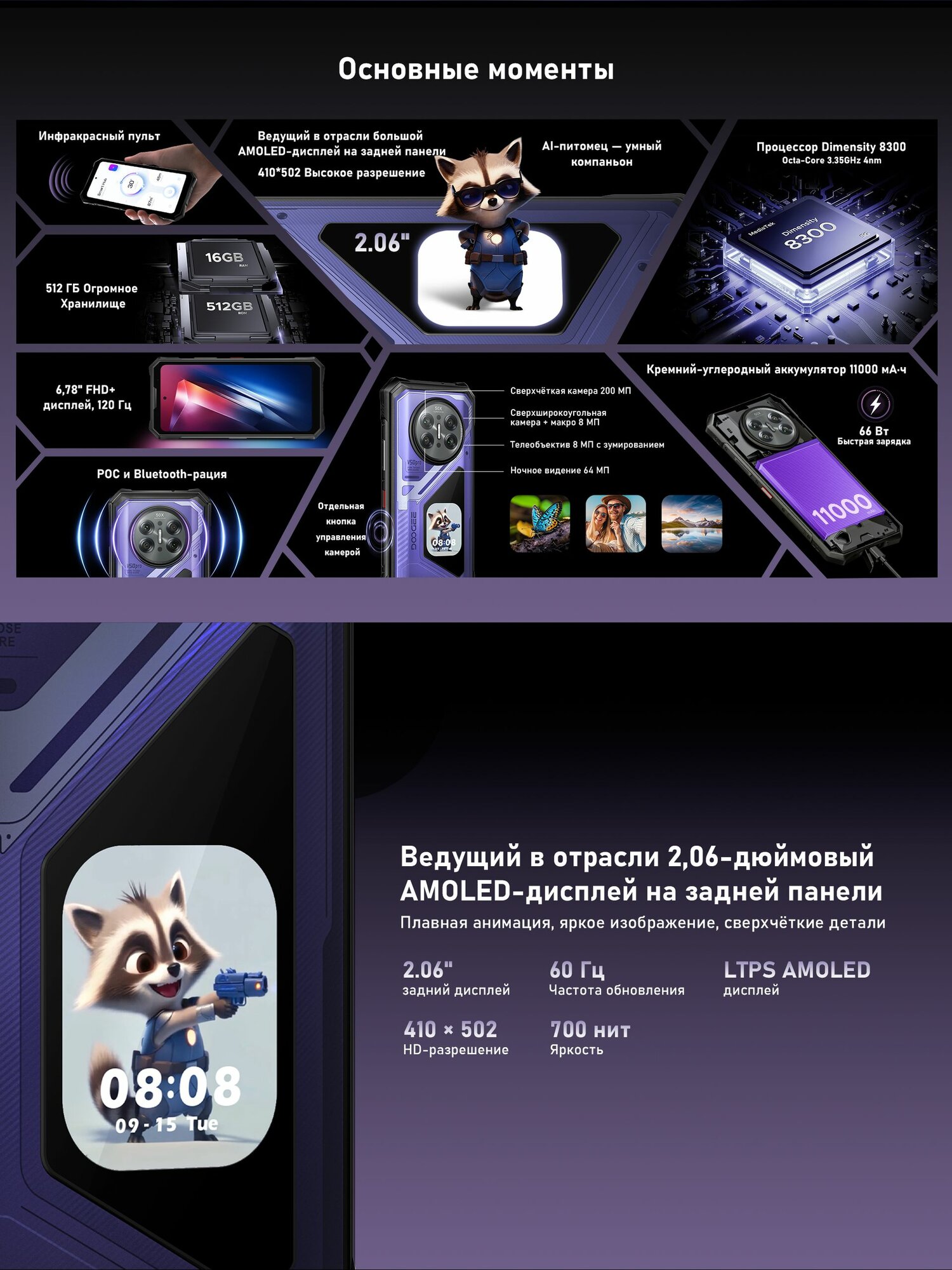 Смартфон Doogee V50 Pro,52 ГБ/512 ГБ,2.06" задний дисплей, Dimensity 8300,11000 мАч 66 Вт,200 МП, Android 16, Фиолетовый — фото 1