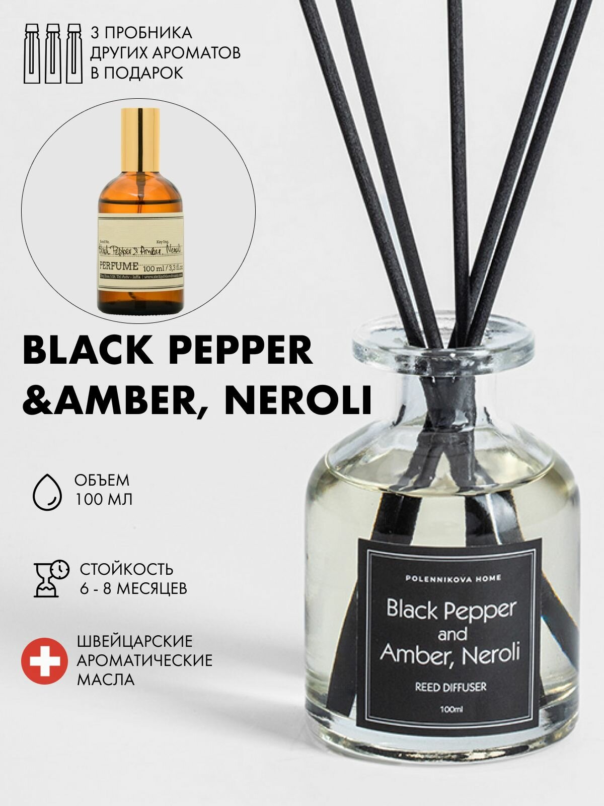 Ароматический диффузор для дома с палочками Black Pepper and Amber, Neroli (черный перец и амбра, нероли)