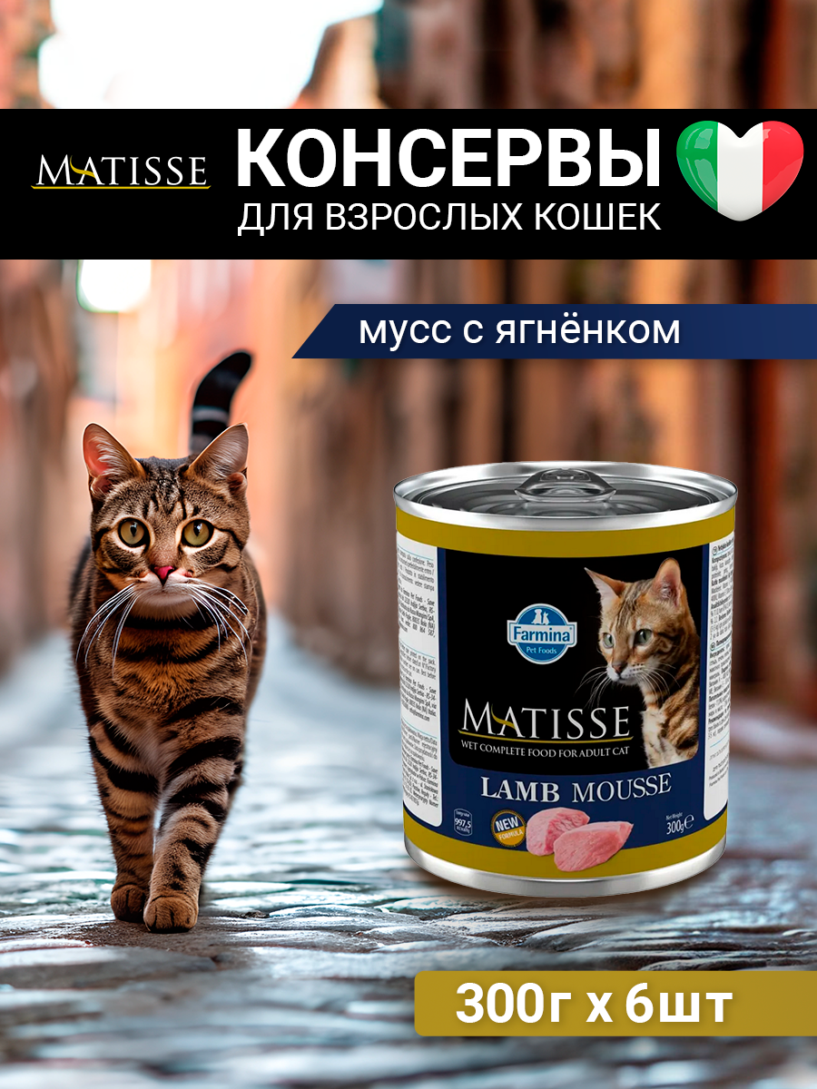 Влажный корм Farmina Matisse (Фармина) для взрослых кошек, мусс с ягненком, 6 штук по 300 гр