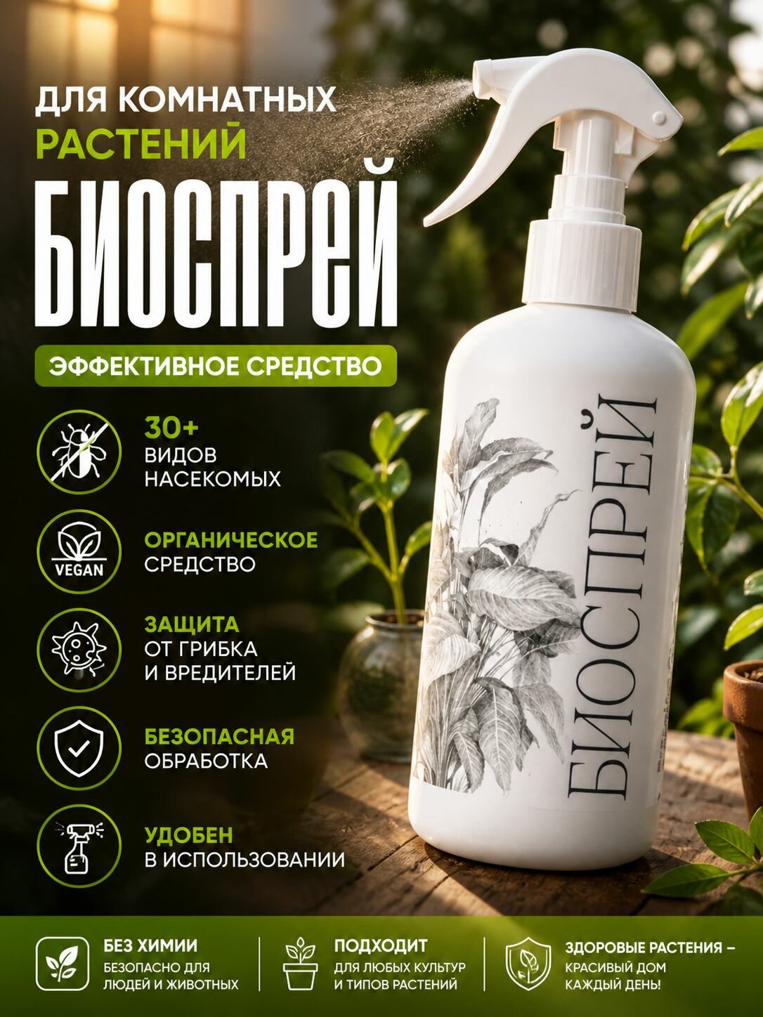 Средство от насекомых для комнатных растений биоспрей 500 мл спрей от насекомых на комнатных растениях, цветах, от тли, паутинного клеща, белокрылки биозащита растений спрей от вредителей