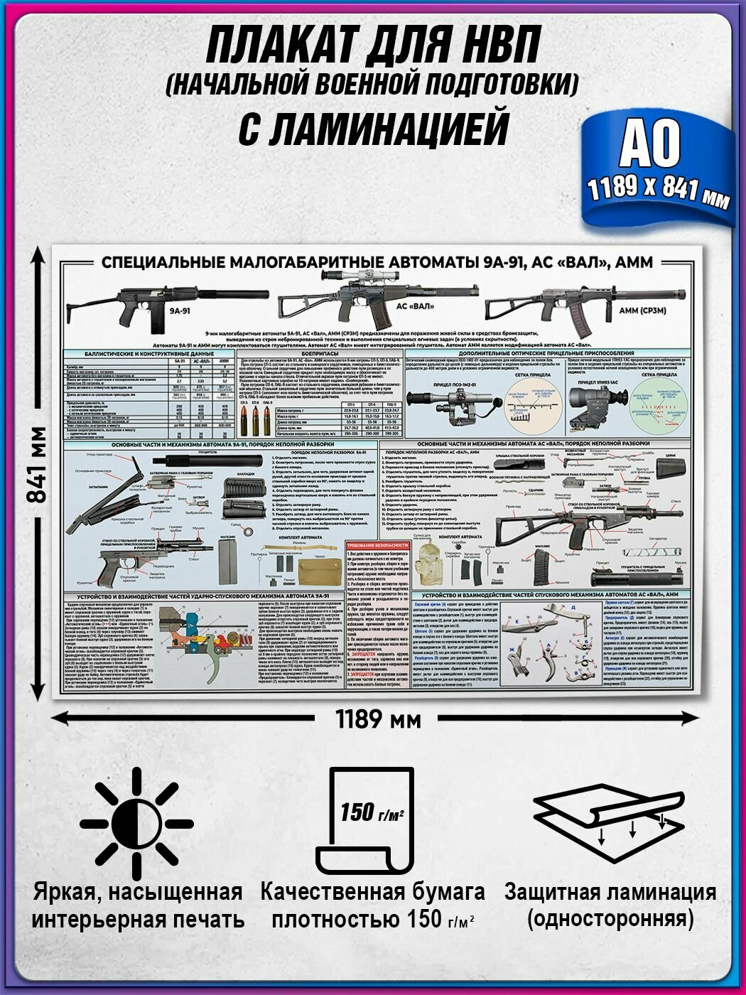 Информационный военный плакат "Автоматы 9А-91, АС ВАЛ, АММ" / ламинированный / А0 (119x84 см.)