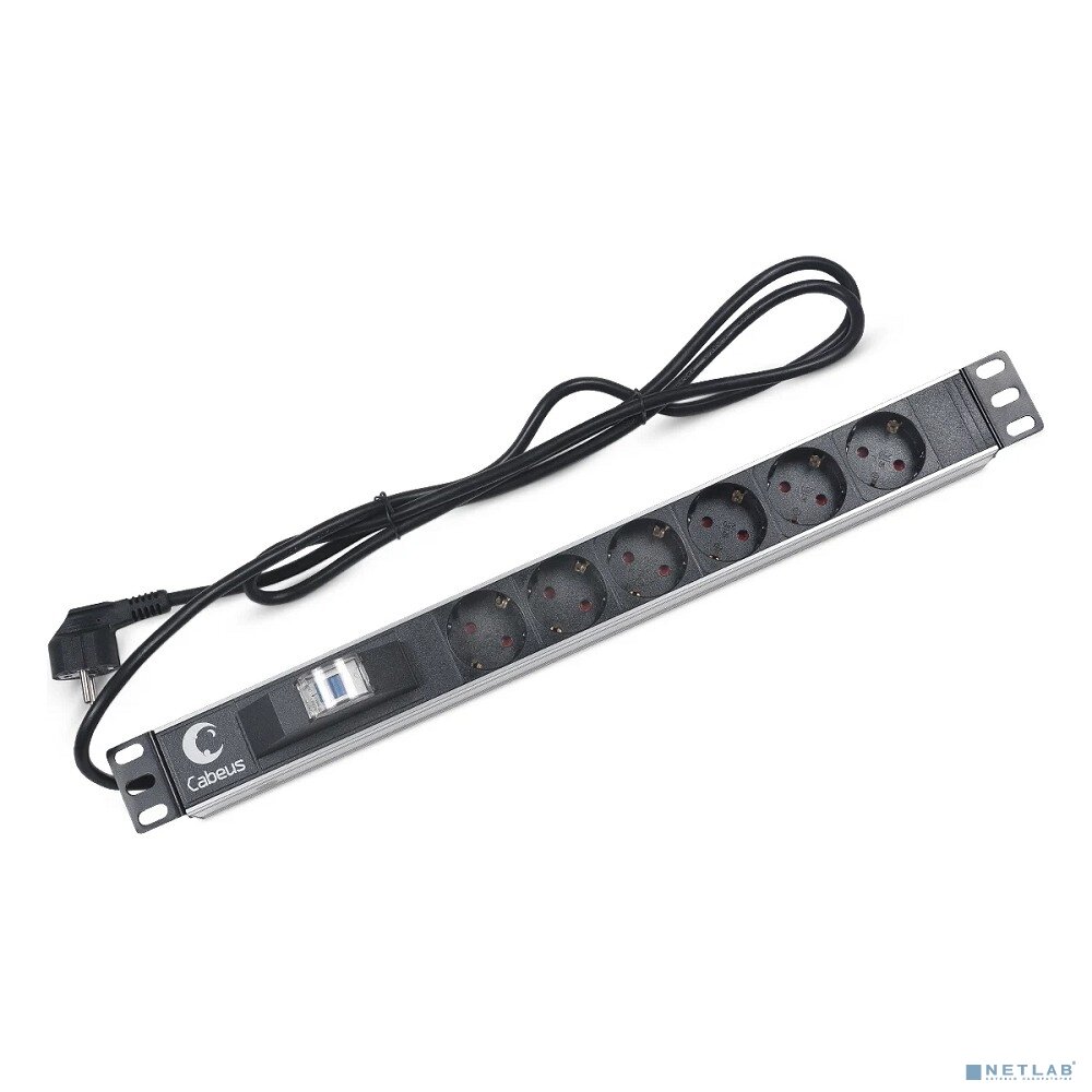 Cabeus pdu-6p-b-2eu блок евророзеток для 19" шкафов, горизонтальный, 6 розеток, автомат защиты 16 a , шнур 2м, алюминиевый корпус, немецкий стандарт
