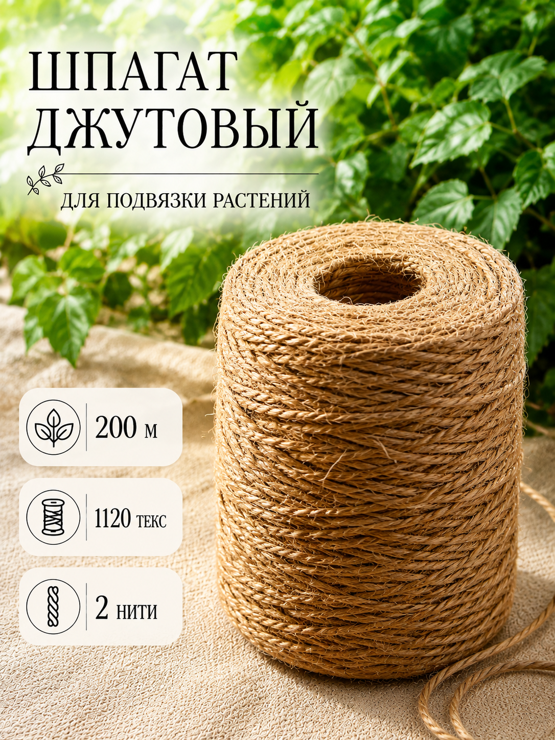 Шпагат джутовый для подвязки растений, 200 м, 1120 текс, 2 нити, джут, Greengo