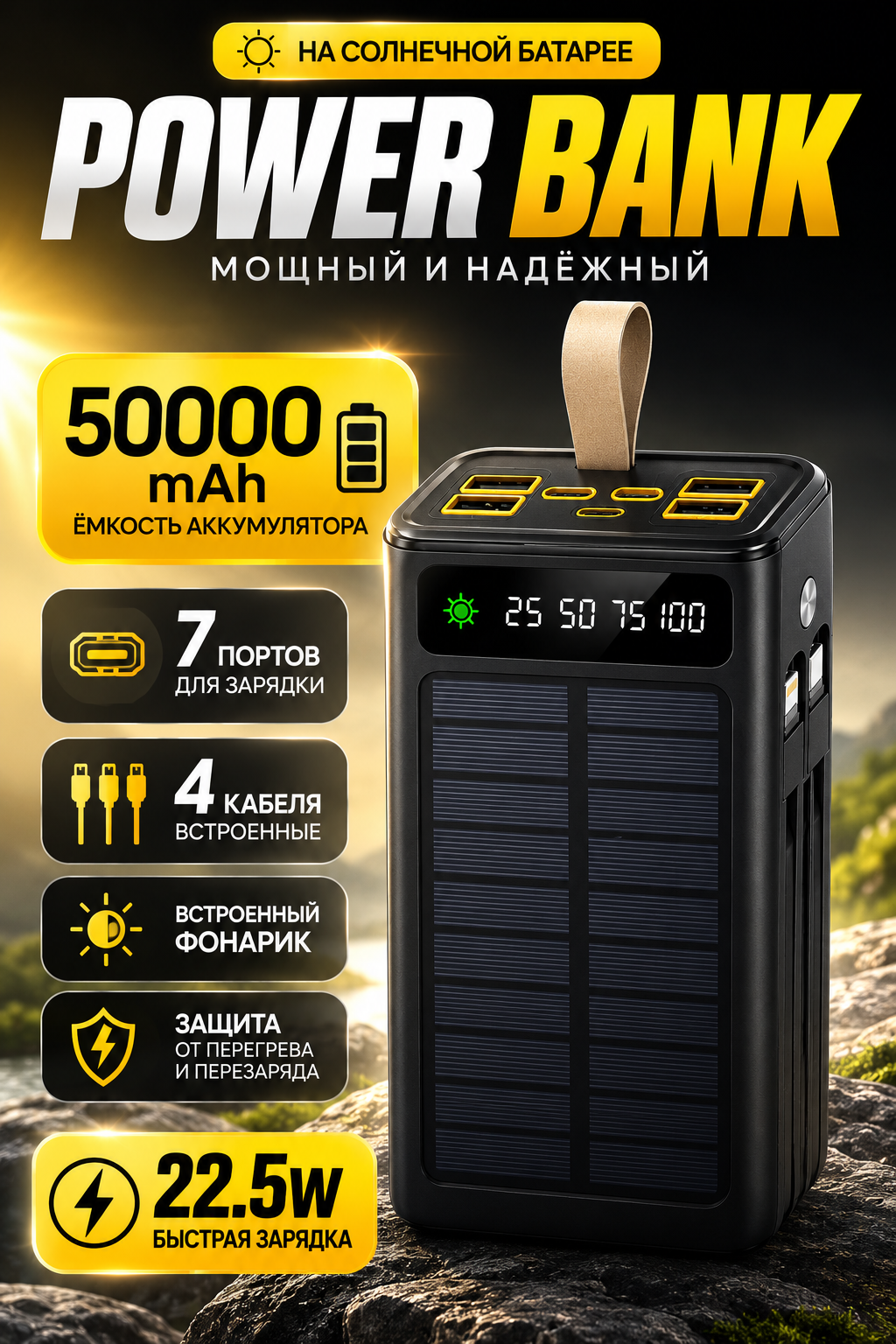Повербанк 50000 mAh с быстрой зарядкой, 22.5 Вт, powerbank для айфона с фонариком, солнечная батарея, пауэрбанк, черный