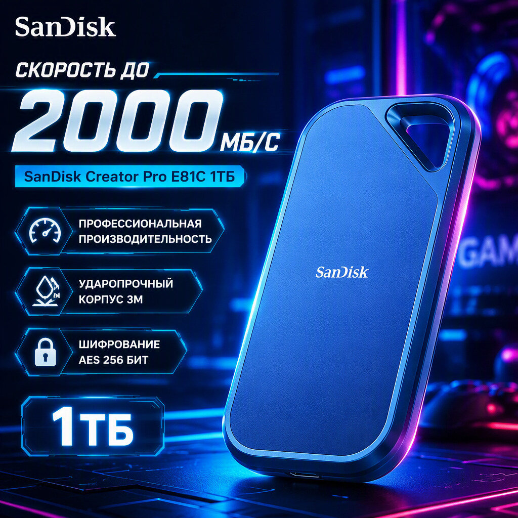 SSD Мобильный твердотельный накопитель SanDisk Creator Pro E81C NVMe PSSD, 1TB, до 2000 МБ/с, IP65