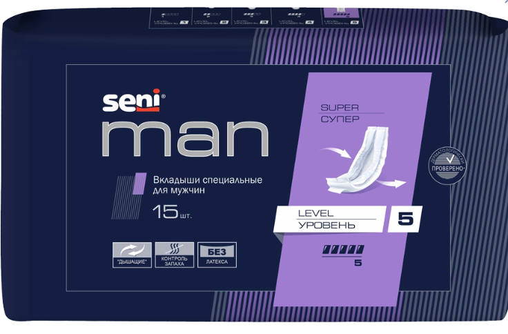 Урологические вкладыши SENI Man Super, для мужчин, уровень 5, 15 штук