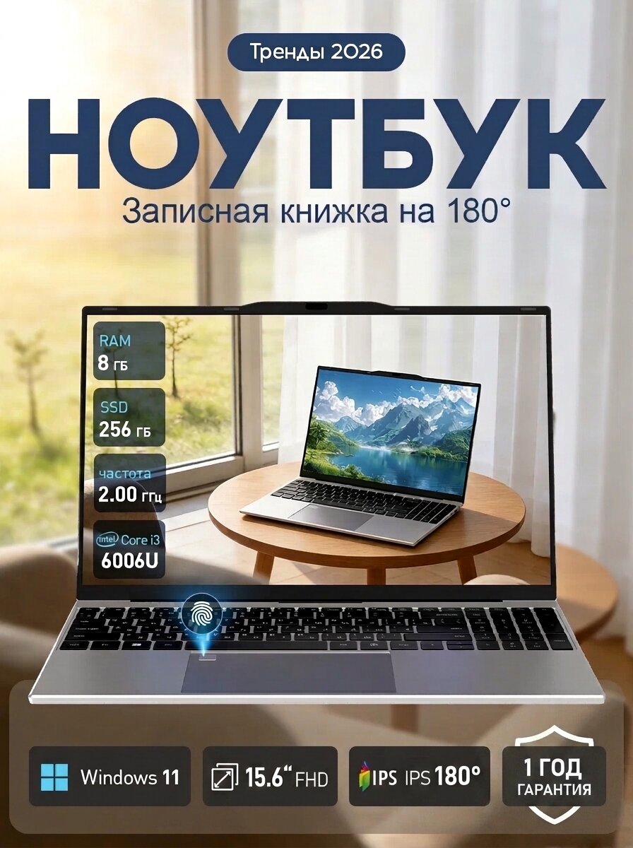 Ноутбук，Intel® Core™ i3-6006U（2.00 ГГц）, SSD 256ГБ 8ГБ RAM, 15.6" IPS 1920x1080 Win 11PRO