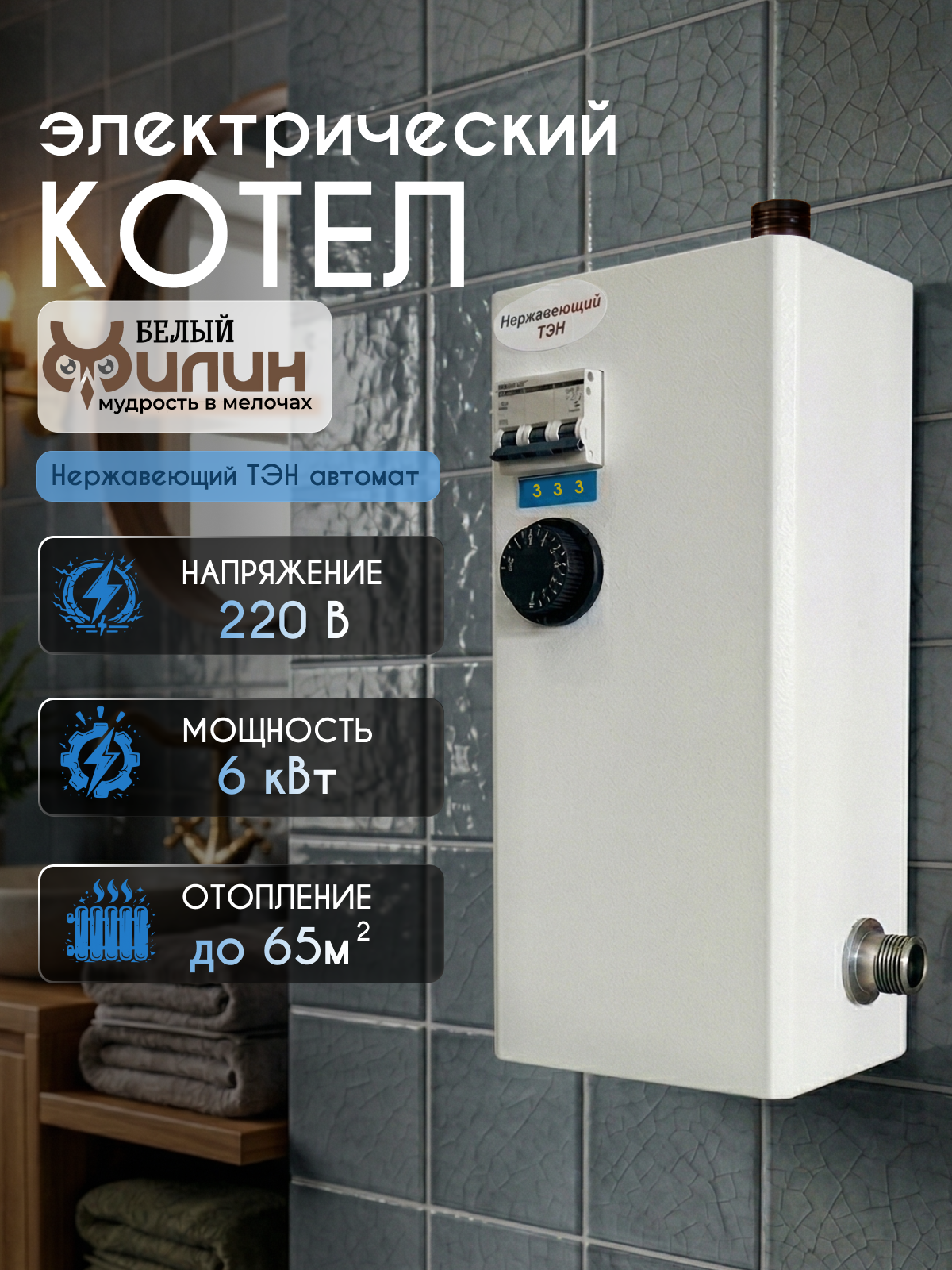 Котел электрический для отопления, электрокотел ЭВПМ 6 кВт с нержавеющим ТЭНом, на автомате