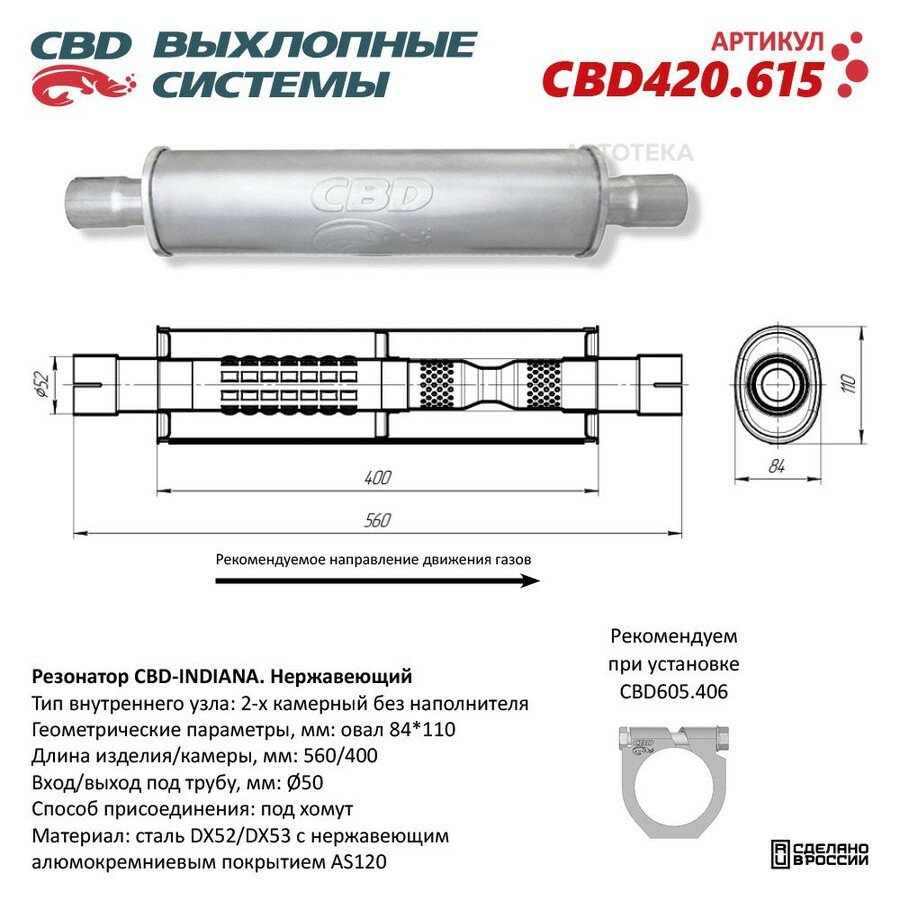 Резонатор CBD-INDIANA L560 овал 84x110мм под трубу 50мм. Нержавеющий. CBD CBD4 CBD CBD420615