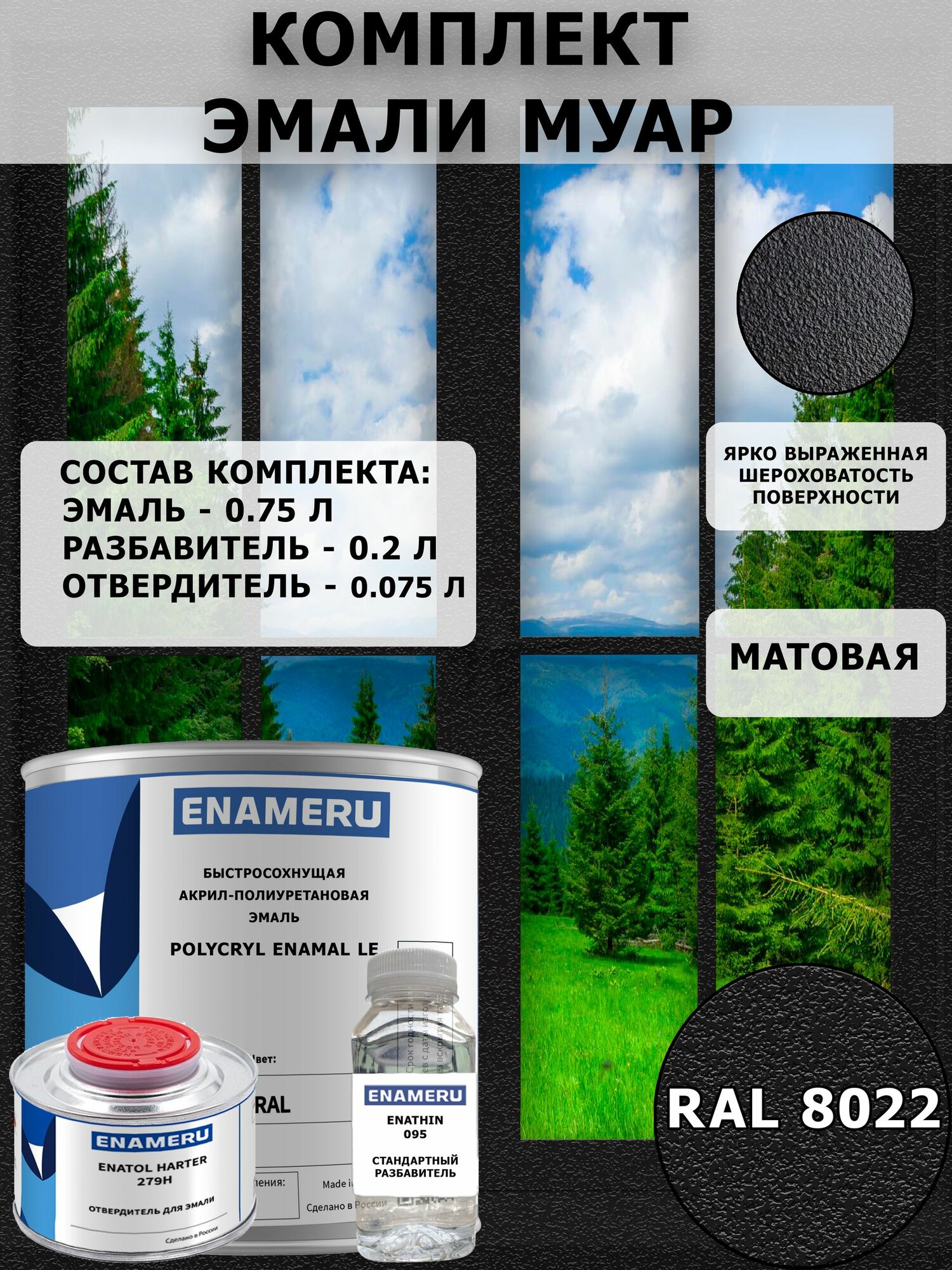 Светостойкая эмаль муар для ПВХ и Пластика Энамеру, Акрил-полиуретановая, Матовая, Черно-коричневый RAL 8022, 1л готовой смеси