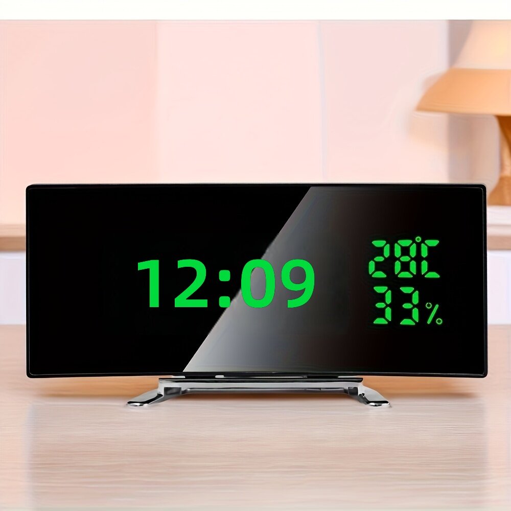 Цифровой будильник с LED-дисплеем и отображением температуры, большой изогнутый зеркальный экран, таймер отключения, питание от USB, градиентный дизайн, для спальни, гостиной, офиса и школы, зеленый
