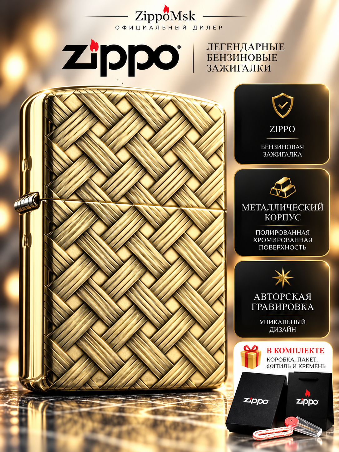 Zippo Antique Brass Basket Weave — бензиновая зажигалка