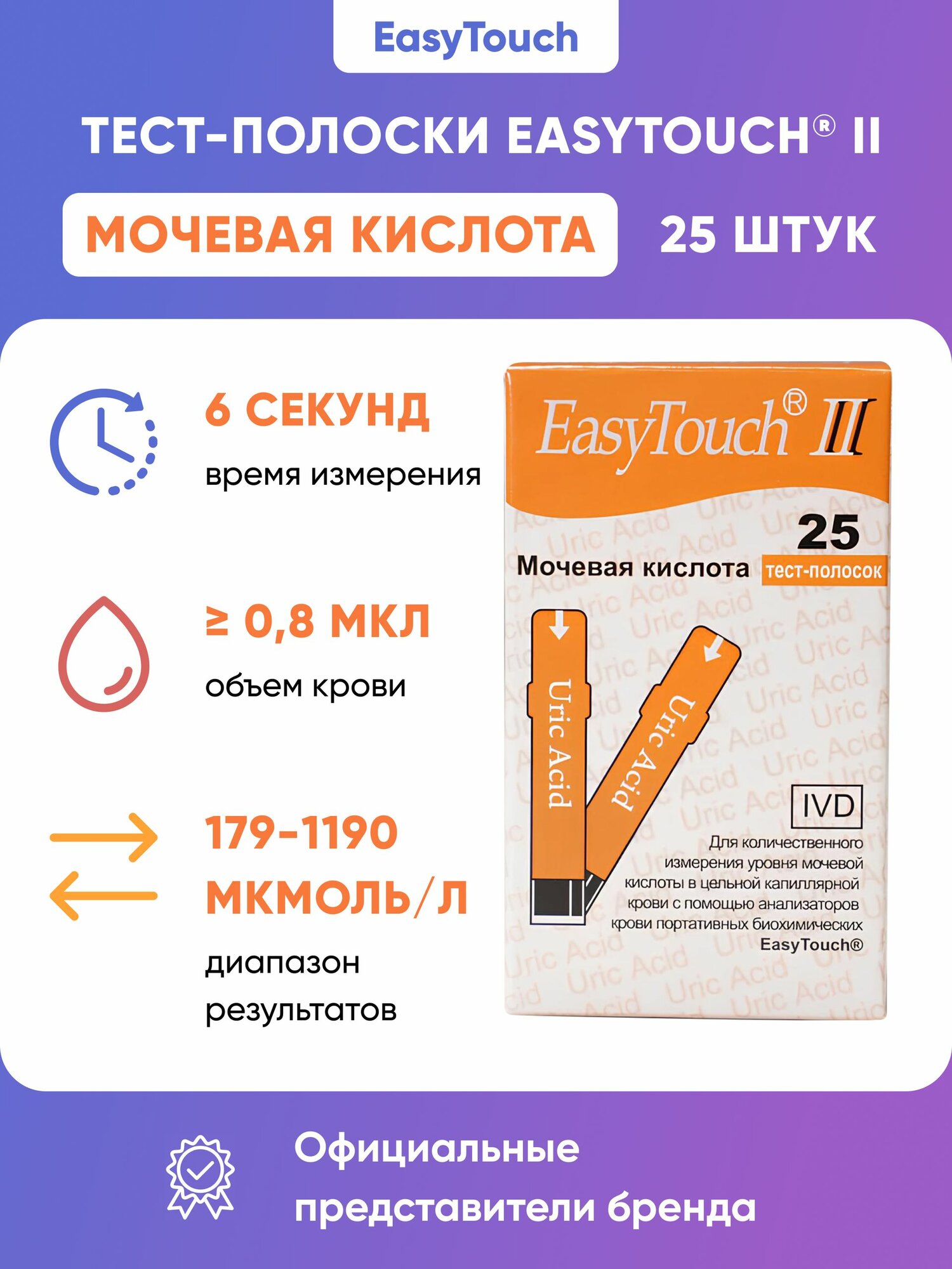 Тест-полоски для анализатора крови EasyTouch на мочевую кислоту, 25 штук (срок годности 21.05.2028)